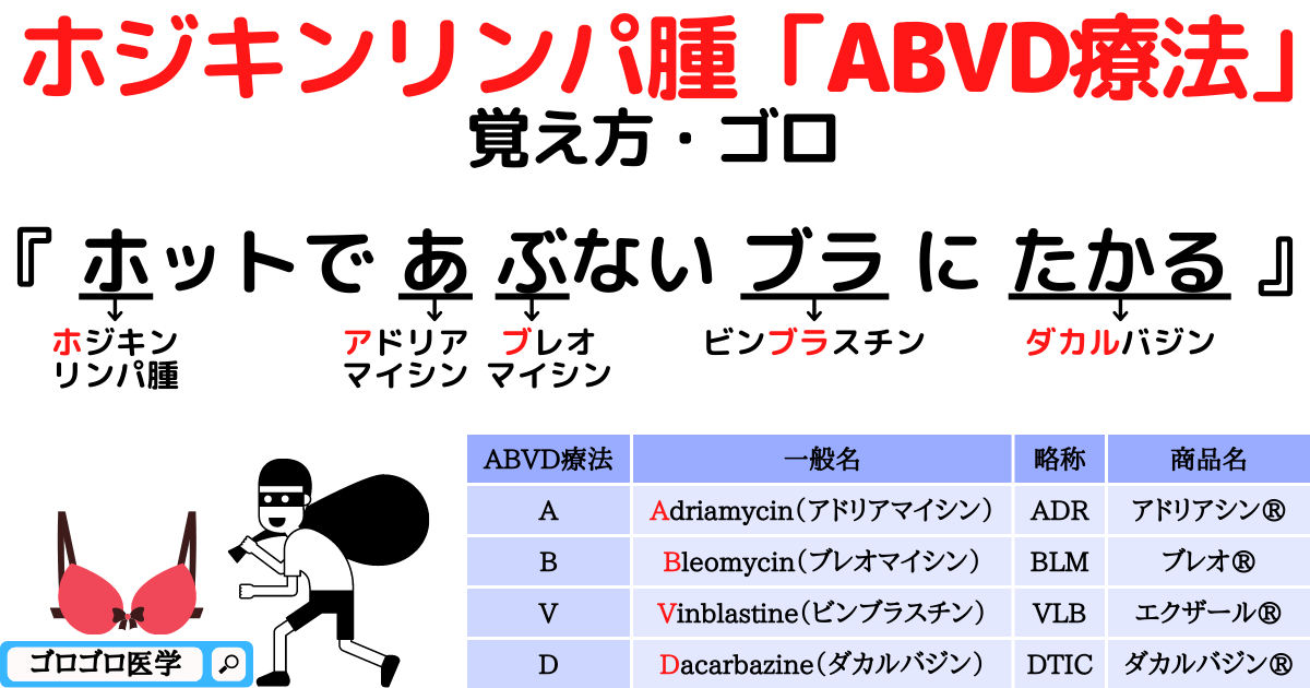 ホジキンリンパ腫「ABVD療法」の覚え方・ゴロ【悪性リンパ腫の治療薬】 - ゴロゴロ医学
